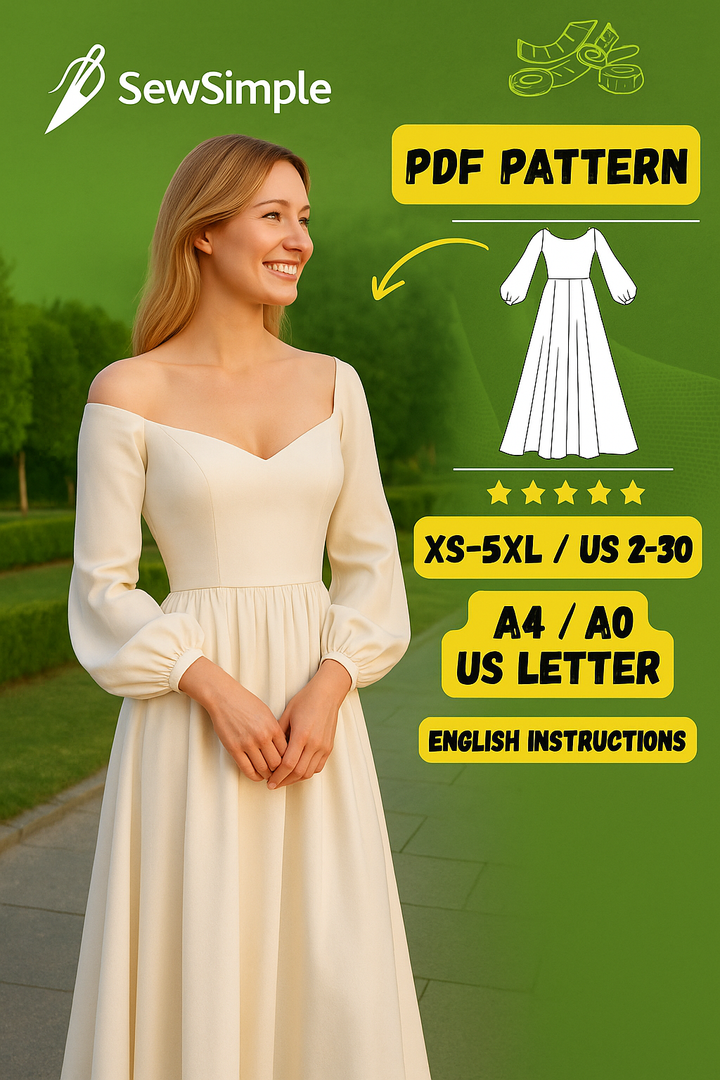 Bishop Sleeve V-Neck Off Shoulder Dress, Sewing Dress Pattern