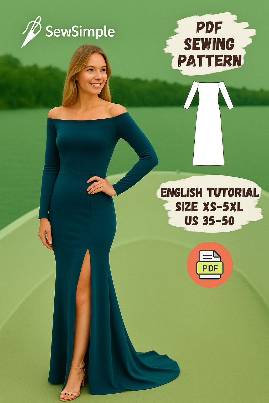 Off-Shoulder Dress Sewing Pattern | Slit Long Dress PDF Pattern ...